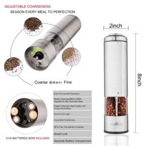 Electric Salt and Pepper Grinder Set-Battery Operated Stainless Steel Mill (2)with led light -Automatic one-handed operation shaker - Acacia Wood base Ceramic Grinders with stand-Batteries INCLUDED