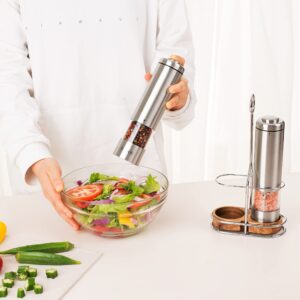 Electric Salt and Pepper Grinder Set-Battery Operated Stainless Steel Mill (2)with led light -Automatic one-handed operation shaker - Acacia Wood base Ceramic Grinders with stand-Batteries INCLUDED