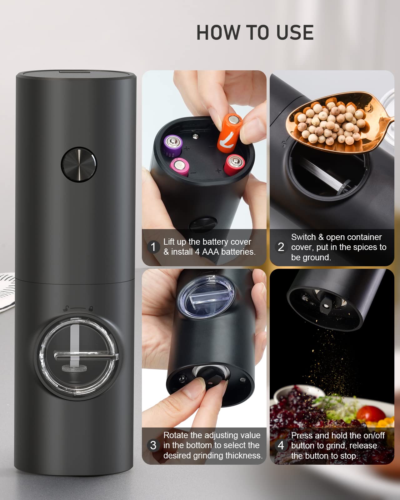 COKUNST Electric Salt or Pepper Grinder, Battery Operated Gravity Sensing Grinder with Light and Switch Button, Automatic Pepper Mill with One Hand Operation Refillable for Kitchen Resturant BBQ