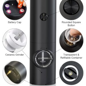 COKUNST Electric Salt or Pepper Grinder, Battery Operated Gravity Sensing Grinder with Light and Switch Button, Automatic Pepper Mill with One Hand Operation Refillable for Kitchen Resturant BBQ