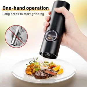 Electric Pepper Grinder or Salt Mill, Battery Powered Automatic Pepper Mill, Ceramic Grinder with Adjustable Coarseness, LED Light, and Salt Mill Refillable, One Hand Operation (1 pack)