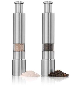 salt and pepper grinder set of 2,stainless steel push button grinder modern design thumb grinder, for black pepper, sea salt and himalayan salt, spice and salt