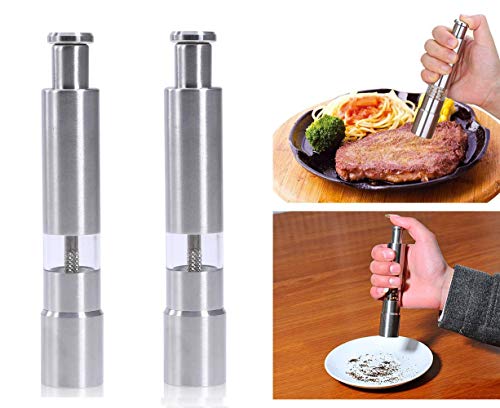 Salt and Pepper Grinder Set of 2,Stainless Steel Push Button Grinder Modern Design Thumb Grinder, for Black Pepper, Sea Salt and Himalayan Salt, Spice and Salt