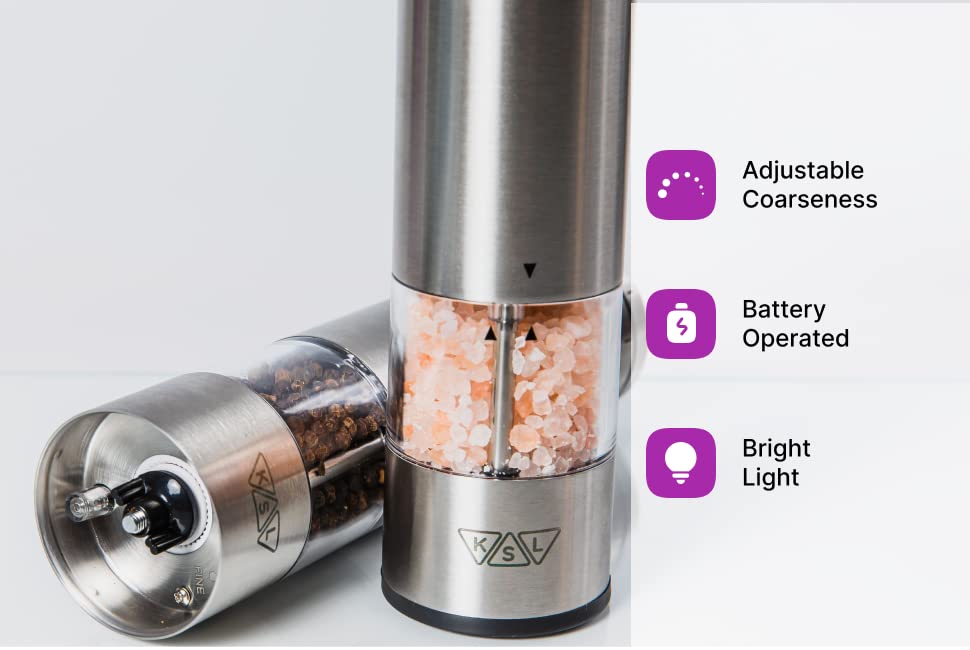 KSL Electric Salt and Pepper Grinder Set - Mother's Day Gift - Adjustable Motorized Electrical Powered Auto Shakers Holiday kit - Automatic Power Mill - Automated Battery Operated Electronic Crusher