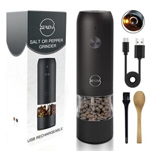 electric pepper grinder - rechargeable salt pepper mill, led lights black automatic pepper salt mill grinder refillable, adjustable coarseness shaker, one hand operation (1 pack)