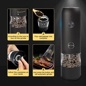 Electric Pepper Grinder - Rechargeable Salt Pepper Mill, LED Lights Black Automatic Pepper Salt Mill Grinder Refillable, Adjustable Coarseness Shaker, One Hand Operation (1 Pack)