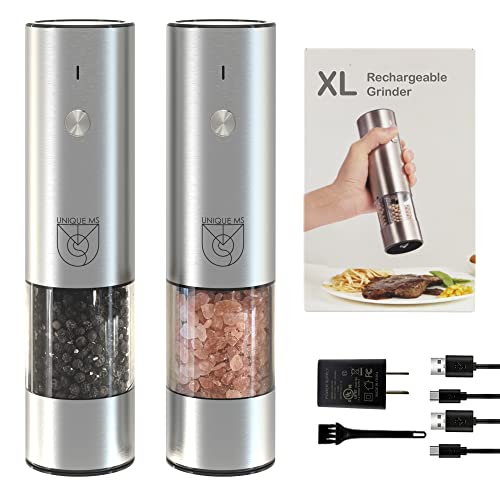 Rechargeable salt and pepper grinder set - Electric salt and pepper grinder - Electric pepper mill Spice grinder (46 g Spice Holder) Stainless steel Adjustable Coarseness LED light