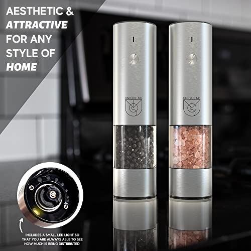 Rechargeable salt and pepper grinder set - Electric salt and pepper grinder - Electric pepper mill Spice grinder (46 g Spice Holder) Stainless steel Adjustable Coarseness LED light