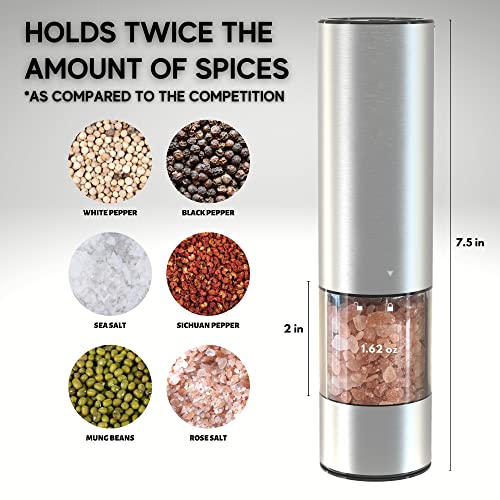 Rechargeable salt and pepper grinder set - Electric salt and pepper grinder - Electric pepper mill Spice grinder (46 g Spice Holder) Stainless steel Adjustable Coarseness LED light