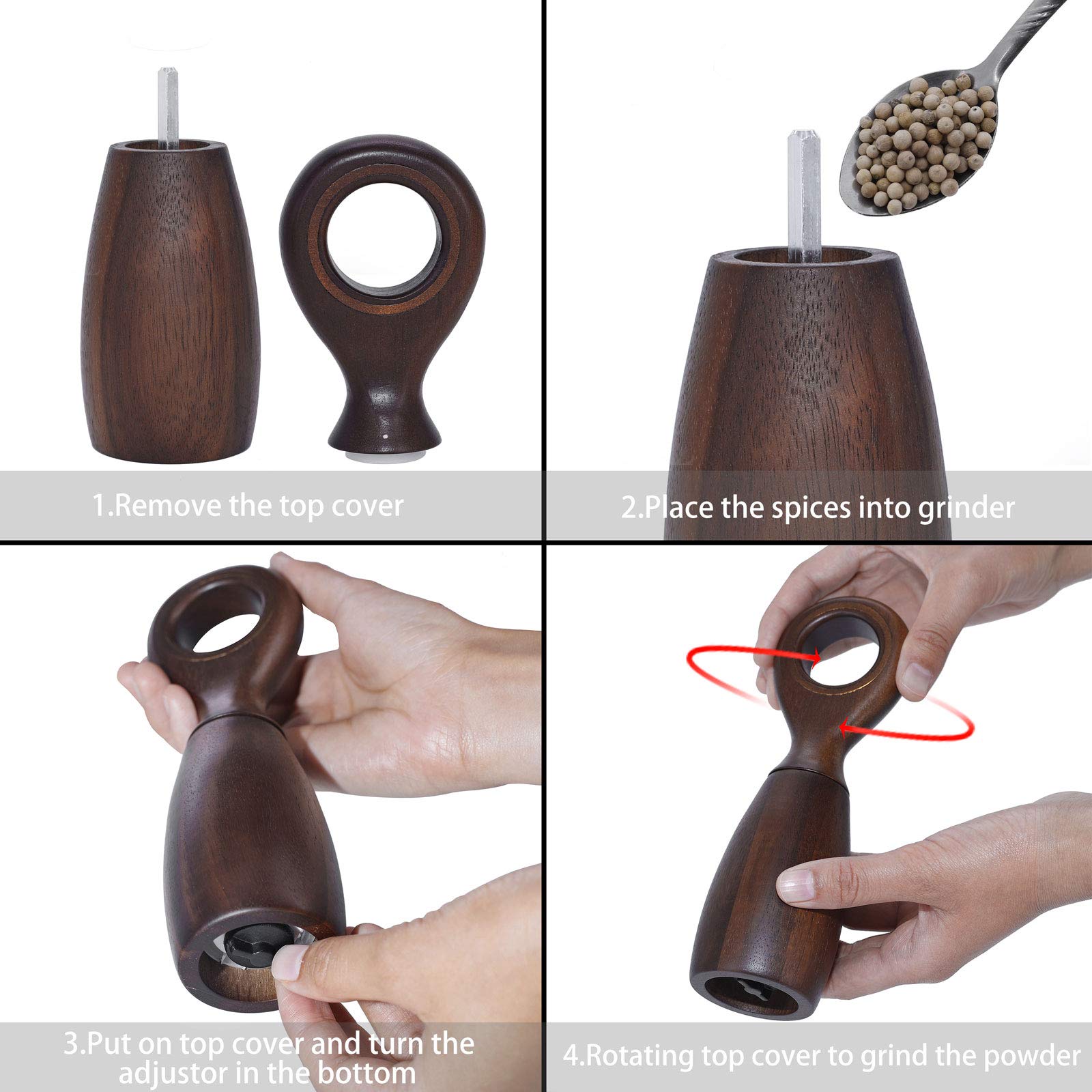 Salt and Pepper Grinder Refillable Solid Wood Spice Mill Ceramic Rotor Steel Core with Strong Adjustable Coarseness