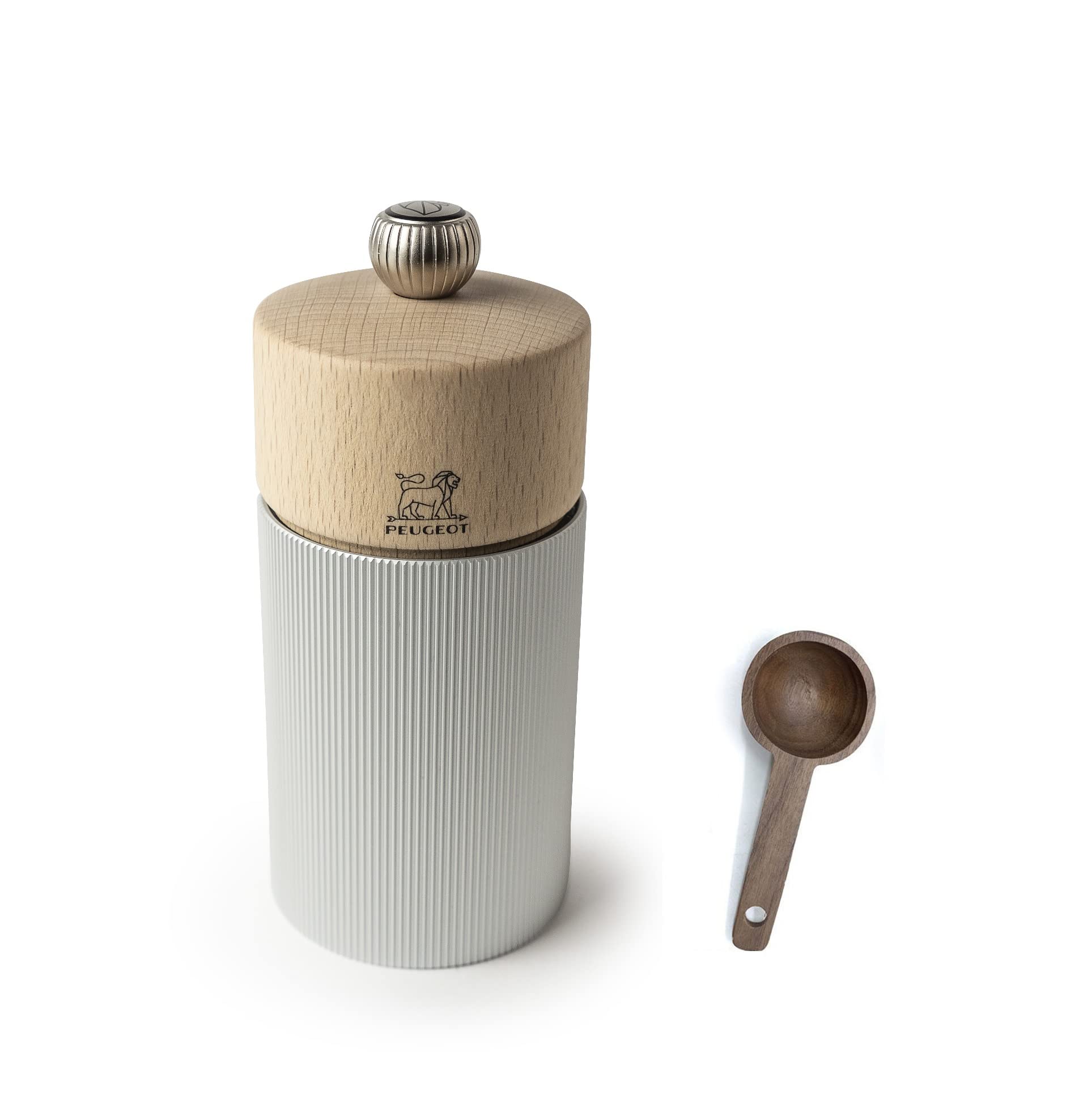 Peugeot Line Manual Pepper Mill, alu, 12 cm - 4.75" Natural Wood - With Wooden Spice Scoop