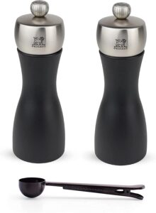 peugeot fidji 6 inch salt & pepper mill, black matte - with stainless steel spice scoop & clip (salt & pepper mill set)