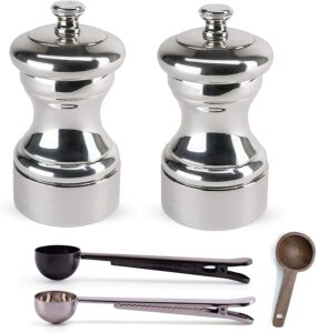 peugeot mignonnette silver-plated salt & pepper mill gift set, 10cm/4-inch - with 3 stainless steel/wood spice scoops (salt & pepper mill set)