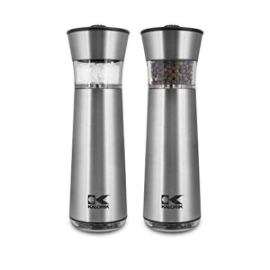 kalorik electric gravity salt and pepper grinder, ppg 44892, automatic stainless steel spice grinder easy tilt and grind, stainless steel.