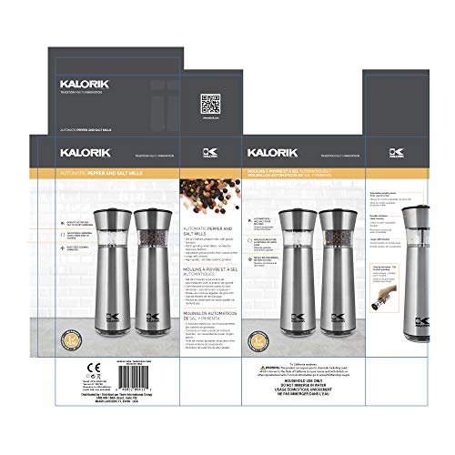 Kalorik Electric Gravity Salt and Pepper Grinder, PPG 44892, Automatic Stainless Steel Spice Grinder Easy Tilt and Grind, Stainless Steel.