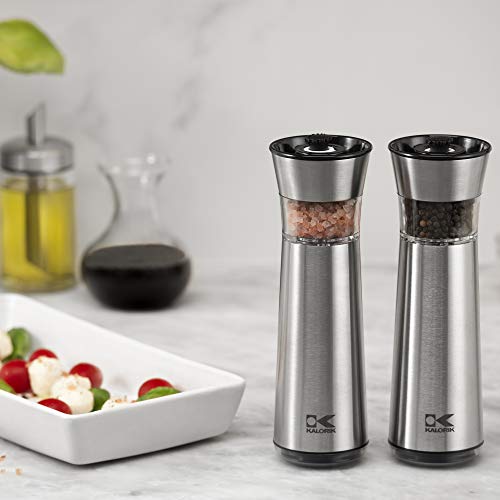 Kalorik Electric Gravity Salt and Pepper Grinder, PPG 44892, Automatic Stainless Steel Spice Grinder Easy Tilt and Grind, Stainless Steel.