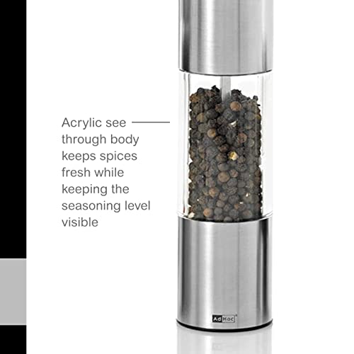 Adhoc Classic Medium Pepper or Salt Mill - Acrylic Salt & Pepper Grinders with Grinder Closing Mechanism - Refillable Spice Tool - Hand Wash Kitchen Gadget - Stainless Steel