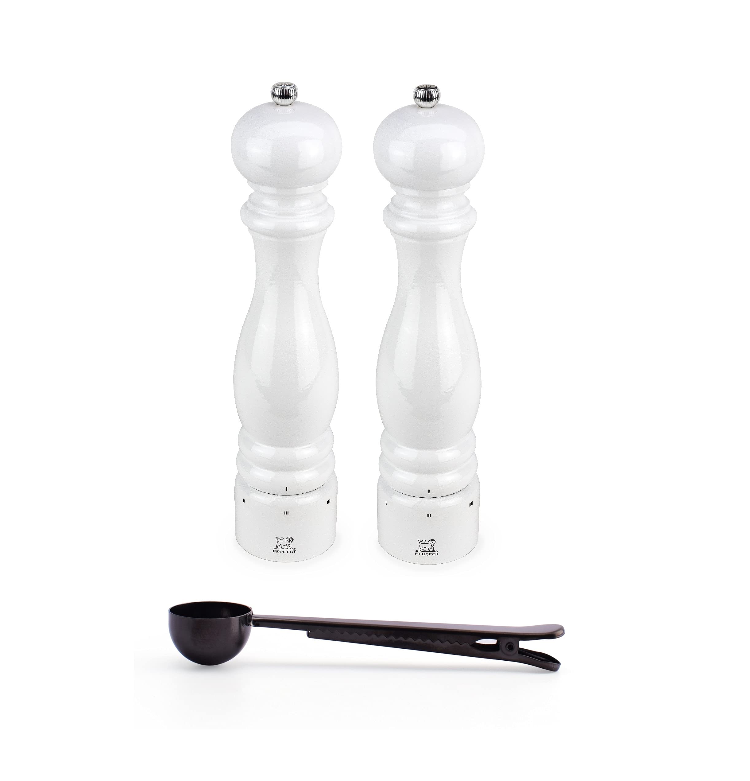 Peugeot Paris u'Select White Lacquer Salt & Pepper Mill, Gift Set - With Stainless Steel Spice Scoop/Bag Clip (12 Inch)