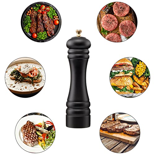 Black Pepper Mill or Salt Grinder Refillable, Adjustable Coarseness Wooden Salt Grinder with Ceramic Grinding Mechanism for Home, Kitchen, Barbecue, Party-8 inch (Black+ Gold)