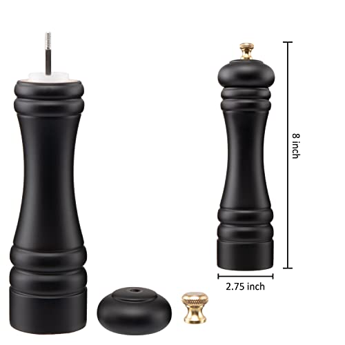 Black Pepper Mill or Salt Grinder Refillable, Adjustable Coarseness Wooden Salt Grinder with Ceramic Grinding Mechanism for Home, Kitchen, Barbecue, Party-8 inch (Black+ Gold)