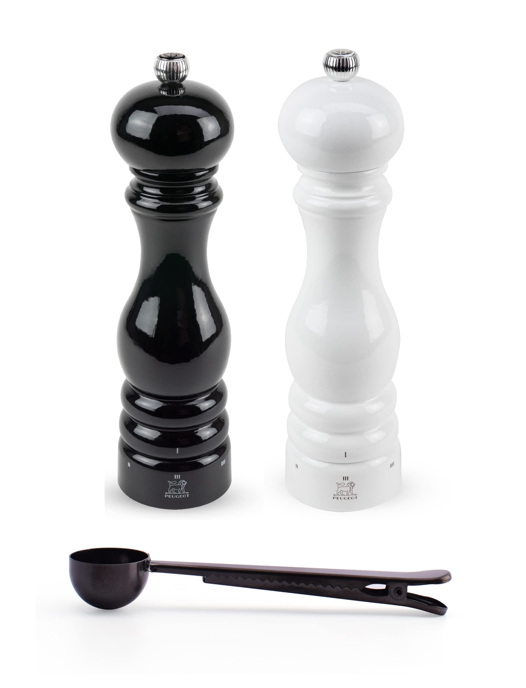 Peugeot Paris u'Select Salt & Pepper Mill, Gift Set, Black & White Lacquer - With Stainless Steel Spice Scoop/Bag Clip (9 Inch)