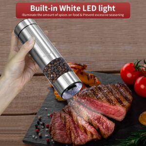 Electric Salt and Pepper Grinder - Stainless Steel Pepper Mill Battery Operated Automatic Spice Grinder - One Handed Push Button Grinder with LED Light and Adjustable Coarseness