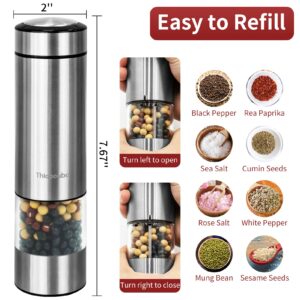 Electric Salt and Pepper Grinder - Stainless Steel Pepper Mill Battery Operated Automatic Spice Grinder - One Handed Push Button Grinder with LED Light and Adjustable Coarseness