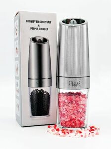 admired by nature electric salt and pepper grinder, battery-operated with adjustable coarsenessa, blue led light and automatic one handed grinder, abn5m009-slvr, silver