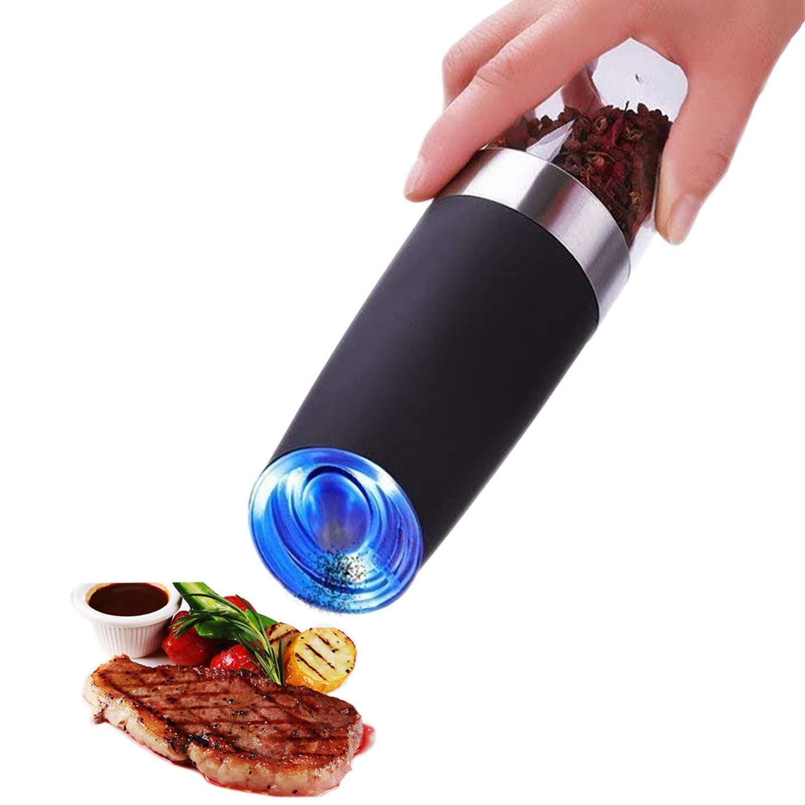 Electric Pepper Grinder Salt Mill Gravity Control Shaker Automatic Operated Battery Powered Large Capacity Transparent Lid Adjustable Coarseness with Led Light……