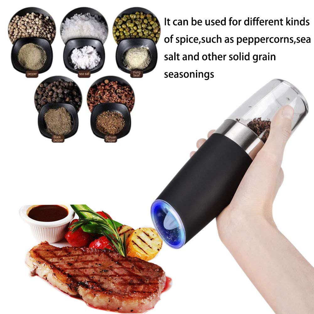 Electric Pepper Grinder Salt Mill Gravity Control Shaker Automatic Operated Battery Powered Large Capacity Transparent Lid Adjustable Coarseness with Led Light……