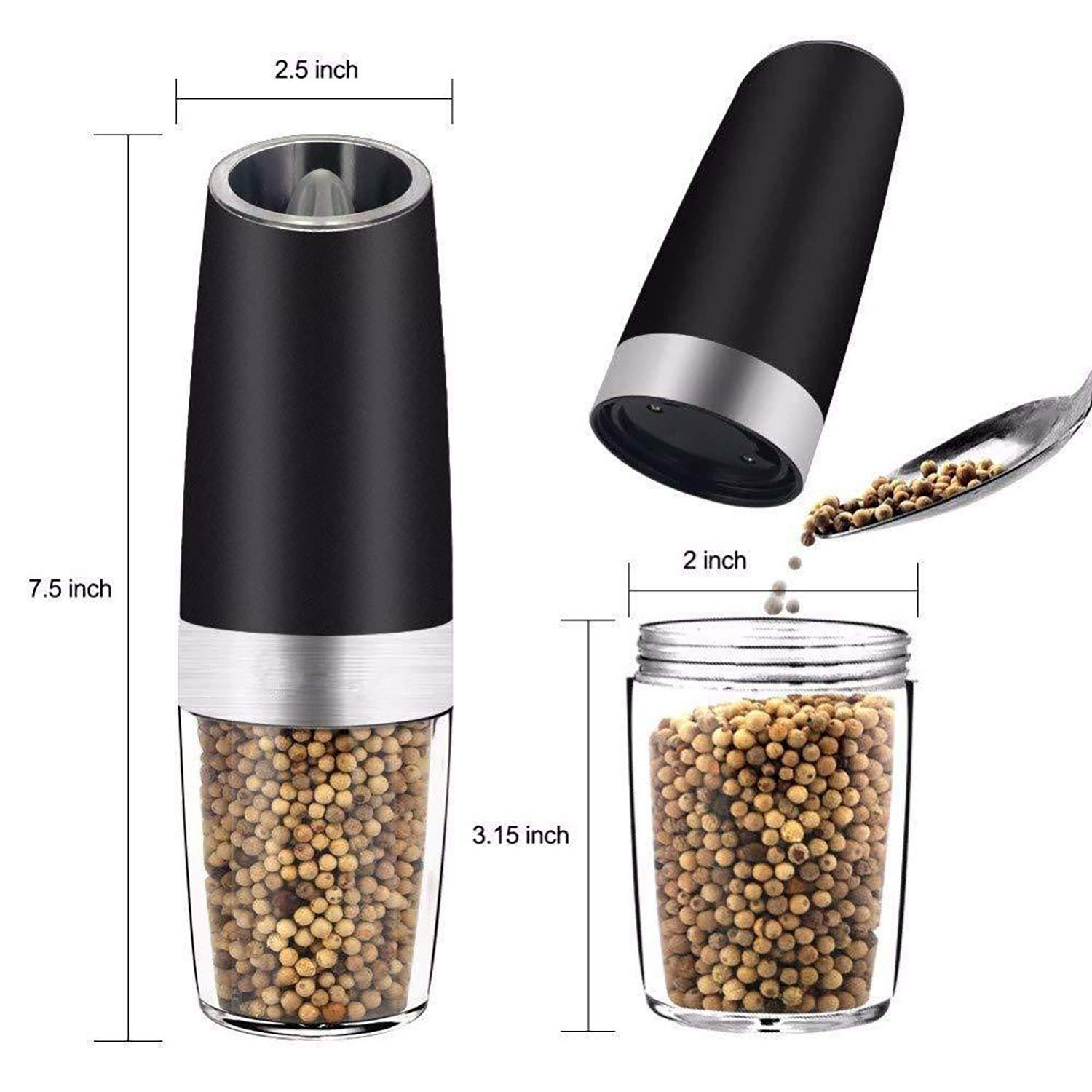 Electric Pepper Grinder Salt Mill Gravity Control Shaker Automatic Operated Battery Powered Large Capacity Transparent Lid Adjustable Coarseness with Led Light……