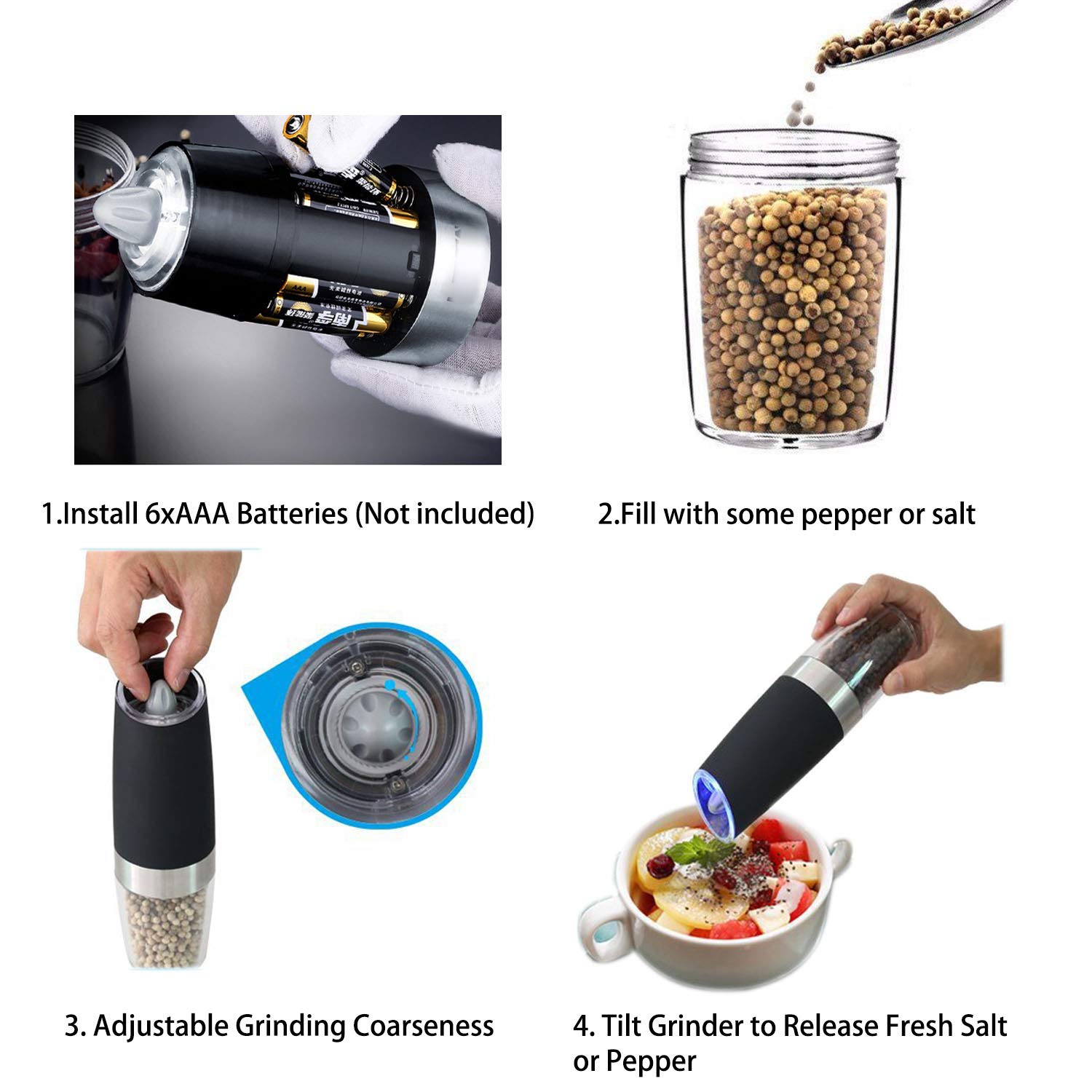 Electric Pepper Grinder Salt Mill Gravity Control Shaker Automatic Operated Battery Powered Large Capacity Transparent Lid Adjustable Coarseness with Led Light……