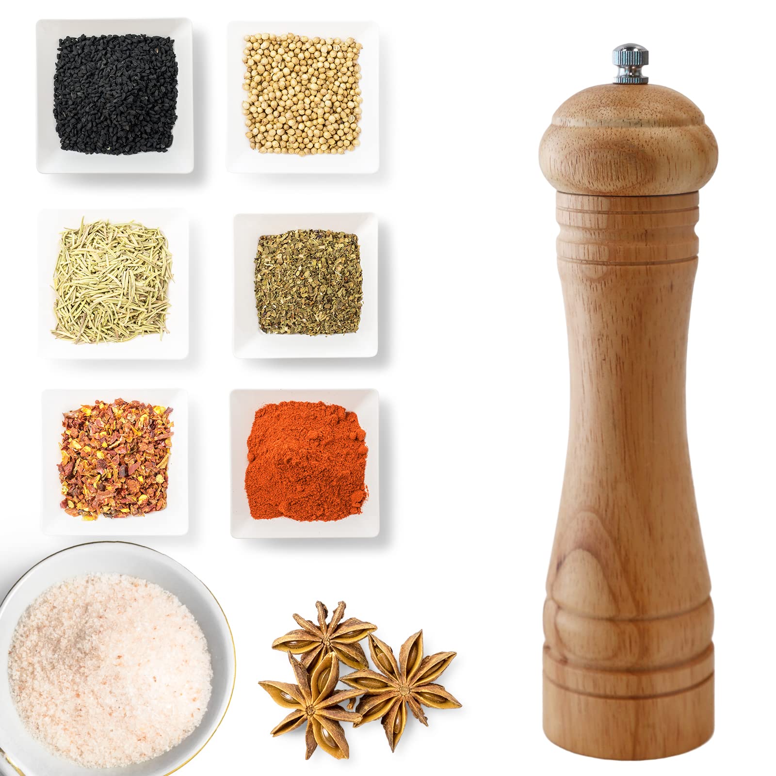 Wooden Pepper Grinder Pepper Mill with Adjustable Coarseness, Refillable Ceramic Grinding Mechanism Salt Mill - 8 Inches (1 Pack)