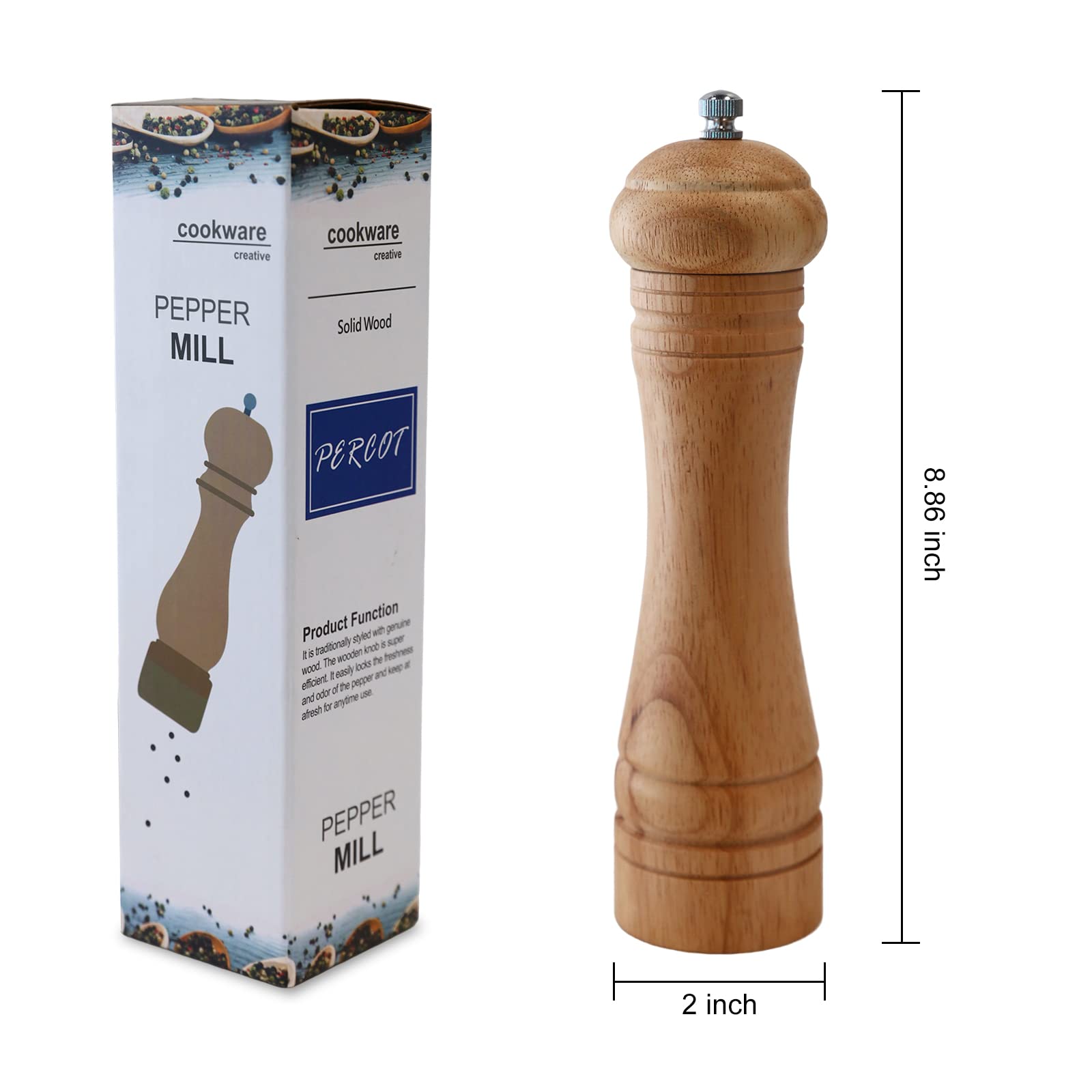 Wooden Pepper Grinder Pepper Mill with Adjustable Coarseness, Refillable Ceramic Grinding Mechanism Salt Mill - 8 Inches (1 Pack)