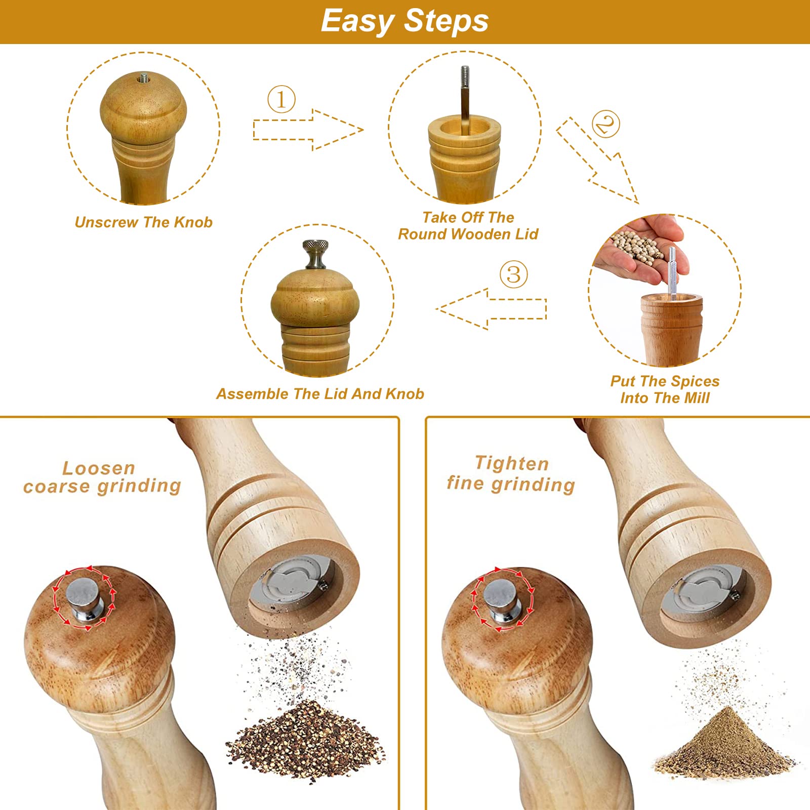 Wooden Pepper Grinder Pepper Mill with Adjustable Coarseness, Refillable Ceramic Grinding Mechanism Salt Mill - 8 Inches (1 Pack)