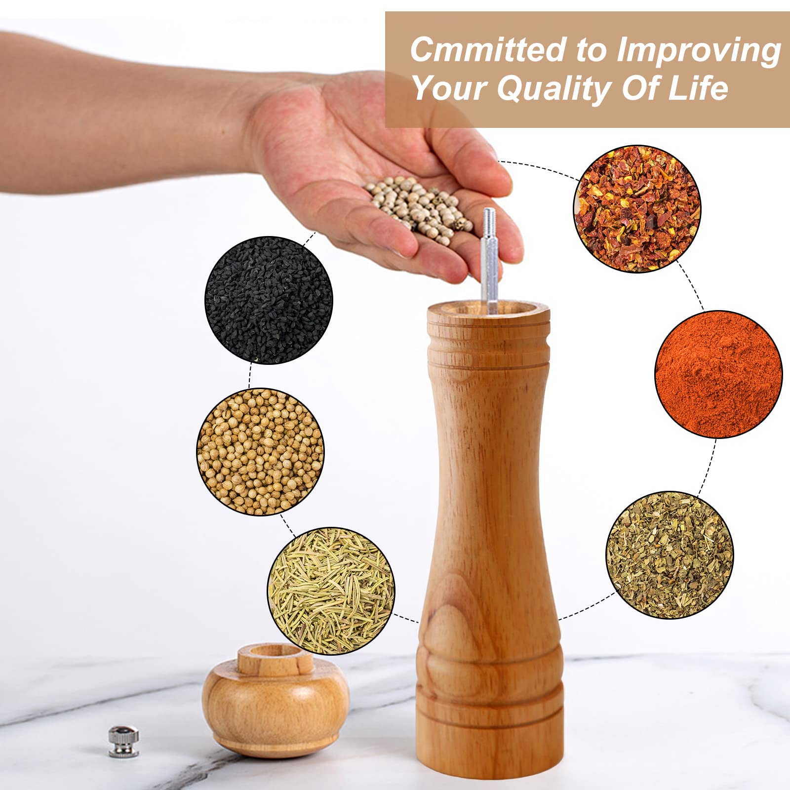 Wooden Pepper Grinder Pepper Mill with Adjustable Coarseness, Refillable Ceramic Grinding Mechanism Salt Mill - 8 Inches (1 Pack)