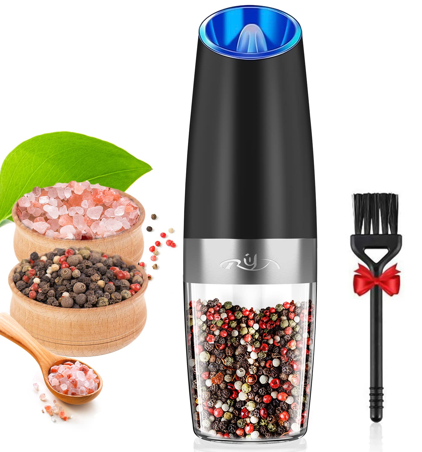 Gravity Electric Salt Ginder Pepper Grinder, Automatic Pepper and Salt Mill Grinder Battery-Operated with Adjustable Coarseness, LED Light, One Hand Operated