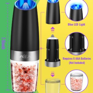 Gravity Electric Salt Ginder Pepper Grinder, Automatic Pepper and Salt Mill Grinder Battery-Operated with Adjustable Coarseness, LED Light, One Hand Operated