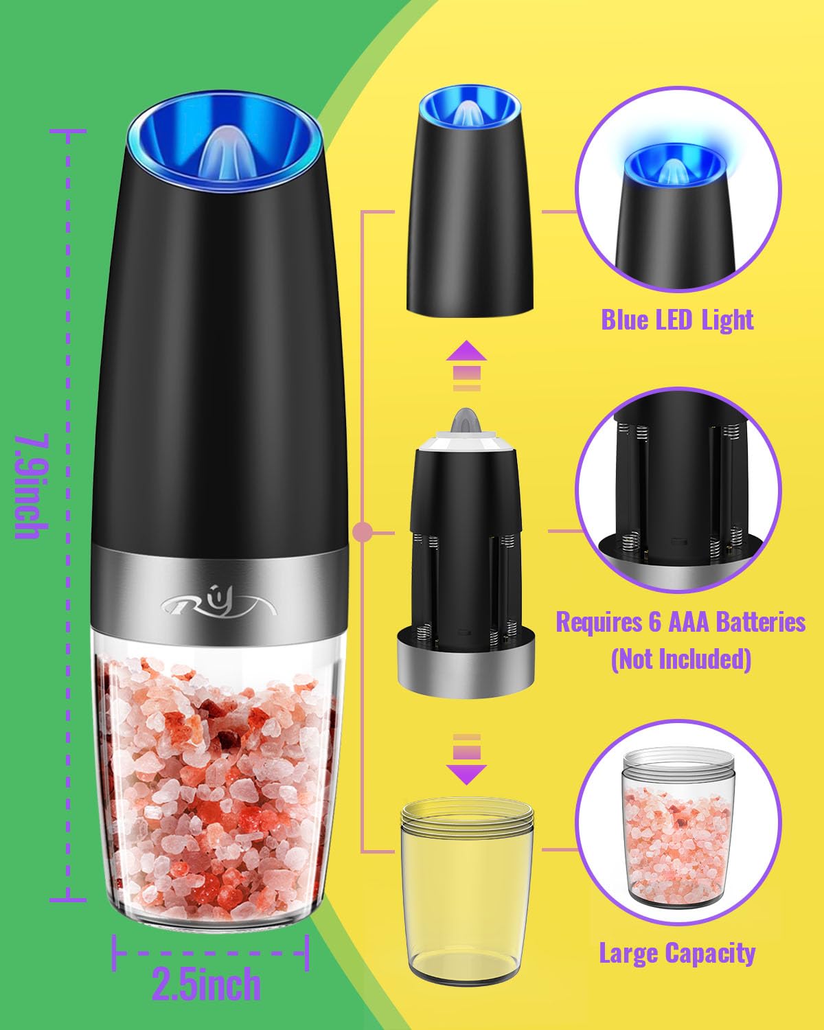 Gravity Electric Salt Ginder Pepper Grinder, Automatic Pepper and Salt Mill Grinder Battery-Operated with Adjustable Coarseness, LED Light, One Hand Operated