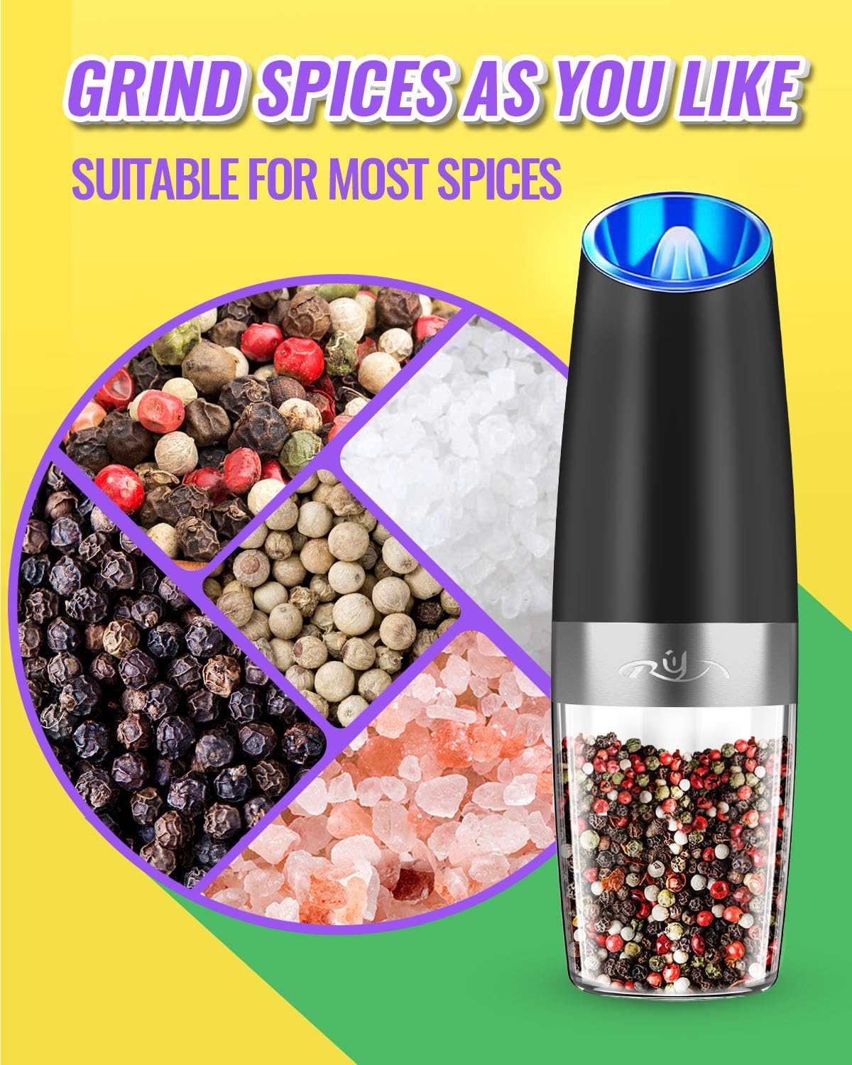 Gravity Electric Salt Ginder Pepper Grinder, Automatic Pepper and Salt Mill Grinder Battery-Operated with Adjustable Coarseness, LED Light, One Hand Operated