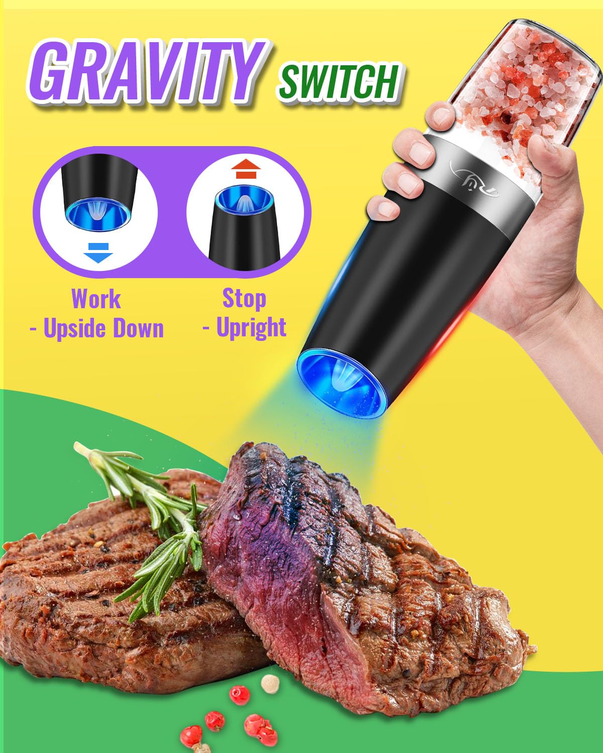 Gravity Electric Salt Ginder Pepper Grinder, Automatic Pepper and Salt Mill Grinder Battery-Operated with Adjustable Coarseness, LED Light, One Hand Operated