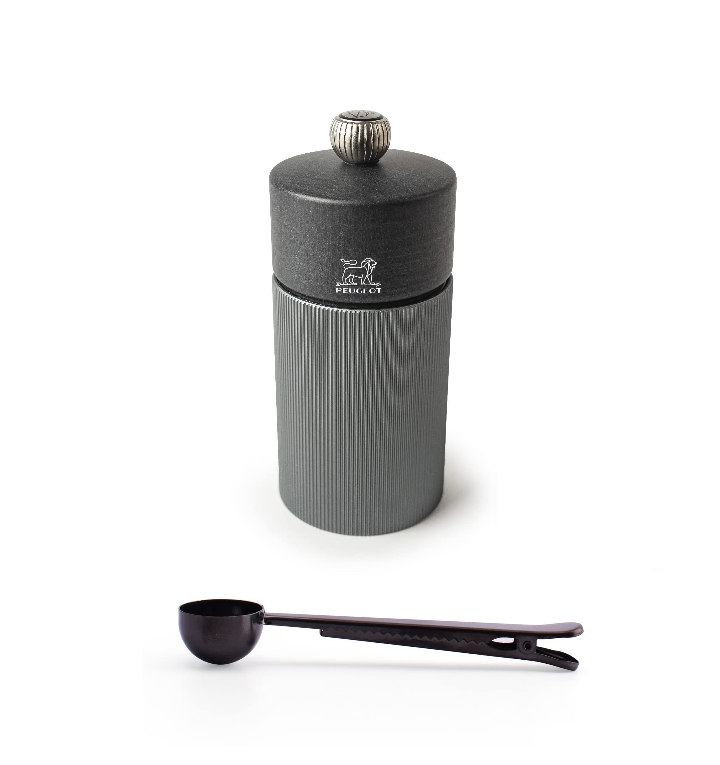 Peugeot Line Manual Pepper Mill Carbon Graphite Aluminum, 12 cm - 4.75" With Stainless Steel Spice Scoop/Bag Clip