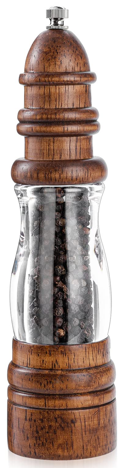 Leden Wood Pepper Grinder Mill, Manual Salt and Pepper Mills refillable with Visible Window, Pepper Shakers, Salt Mill, Adjustable Coarseness Fine to Coarse, 8.6 Inches (1 Pack)