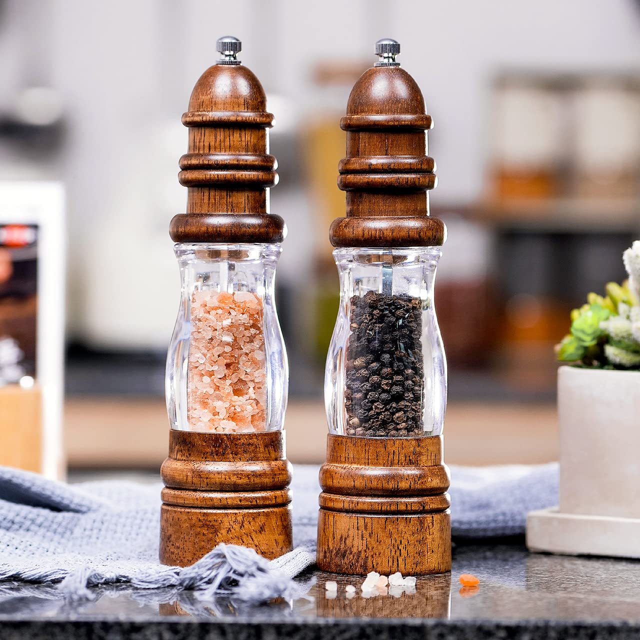 Leden Wood Pepper Grinder Mill, Manual Salt and Pepper Mills refillable with Visible Window, Pepper Shakers, Salt Mill, Adjustable Coarseness Fine to Coarse, 8.6 Inches (1 Pack)