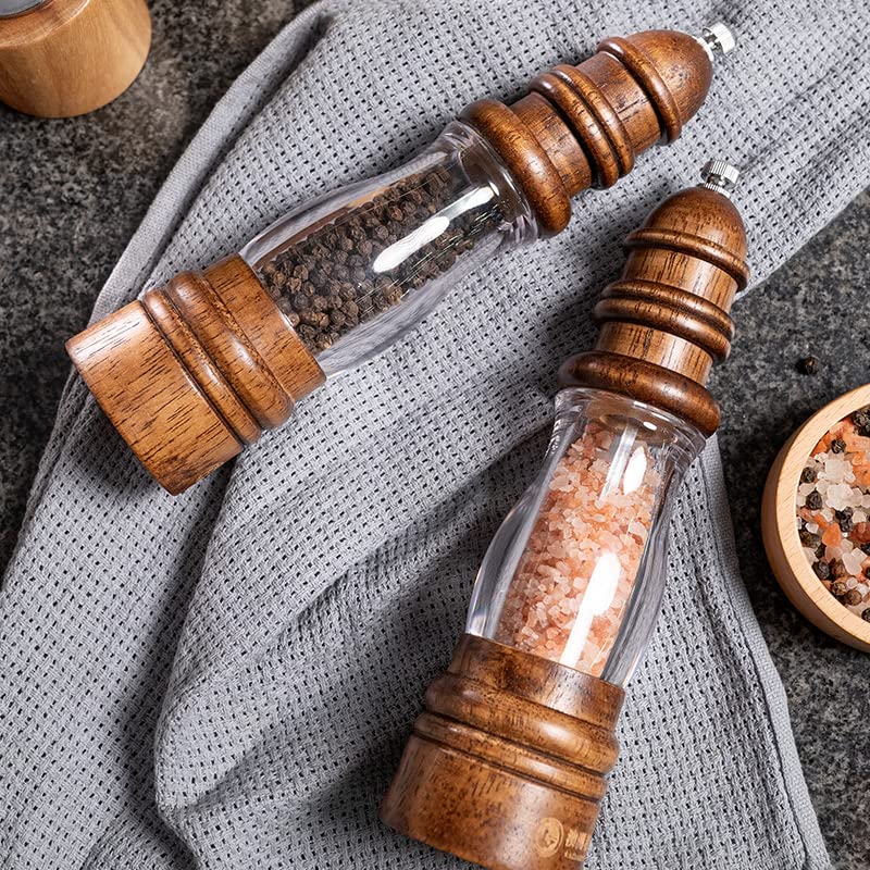 Leden Wood Pepper Grinder Mill, Manual Salt and Pepper Mills refillable with Visible Window, Pepper Shakers, Salt Mill, Adjustable Coarseness Fine to Coarse, 8.6 Inches (1 Pack)