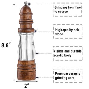 Leden Wood Pepper Grinder Mill, Manual Salt and Pepper Mills refillable with Visible Window, Pepper Shakers, Salt Mill, Adjustable Coarseness Fine to Coarse, 8.6 Inches (1 Pack)