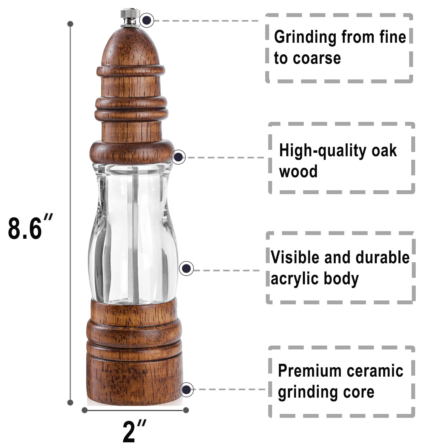 Leden Wood Pepper Grinder Mill, Manual Salt and Pepper Mills refillable with Visible Window, Pepper Shakers, Salt Mill, Adjustable Coarseness Fine to Coarse, 8.6 Inches (1 Pack)