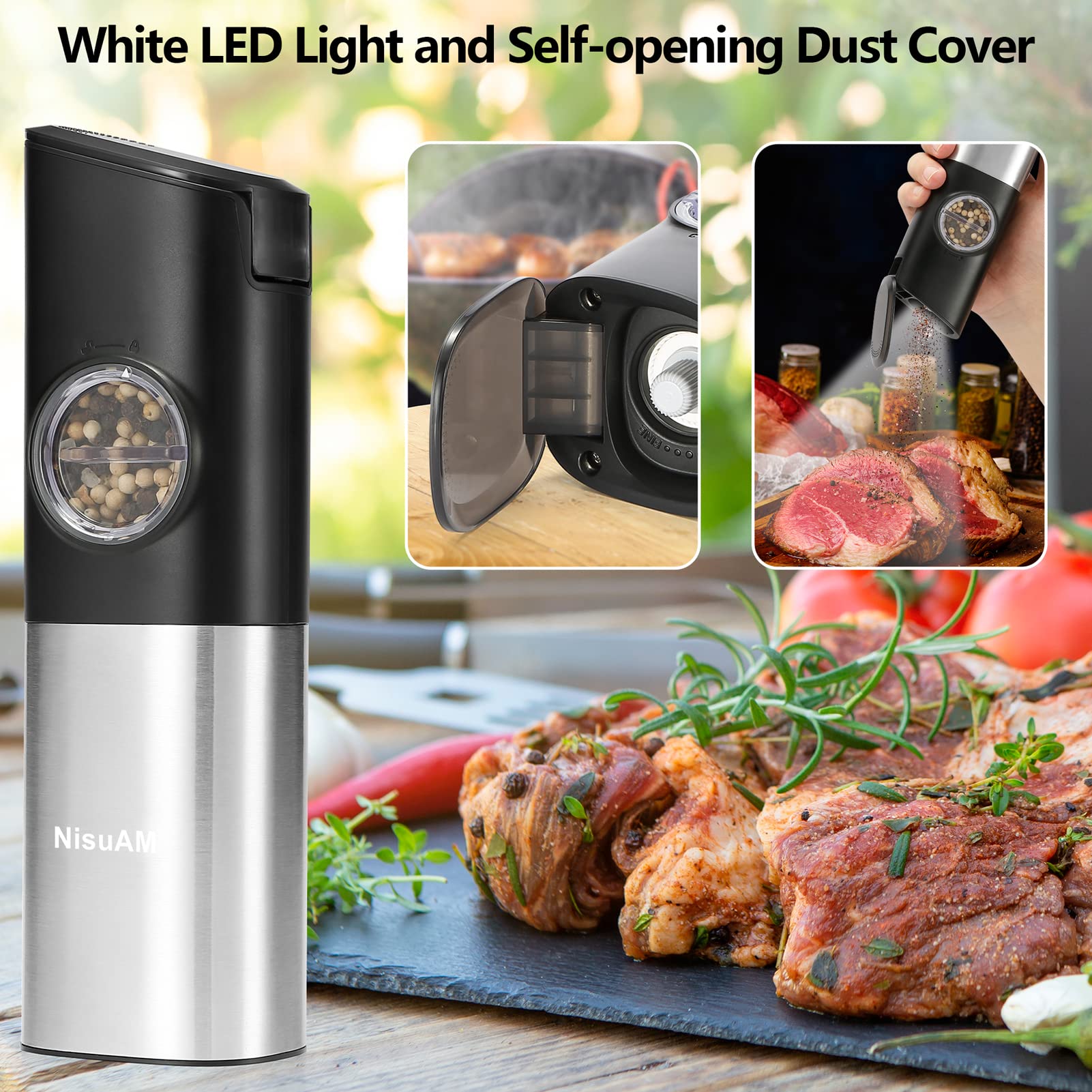 Rechargeable Salt or Pepper Grinder,NisuAM Gravity Automatic Pepper Mill with White LED light, One Handed Operation Spice Grinder ，Upgraded Salt Grinder Adjustable Coarseness, Refillable, No Battery