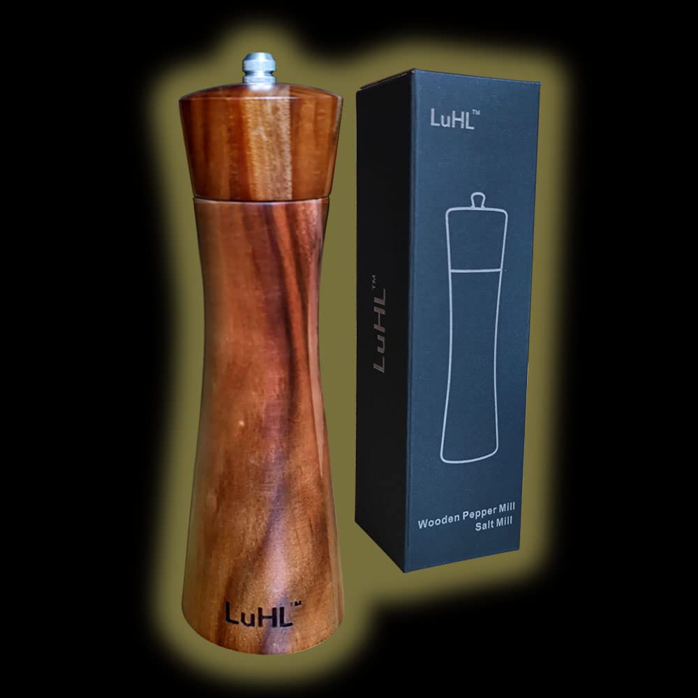 LuHL™ 8 inch Small pretty waist Acacia wooden pepper or salt mill, manual spice grinder