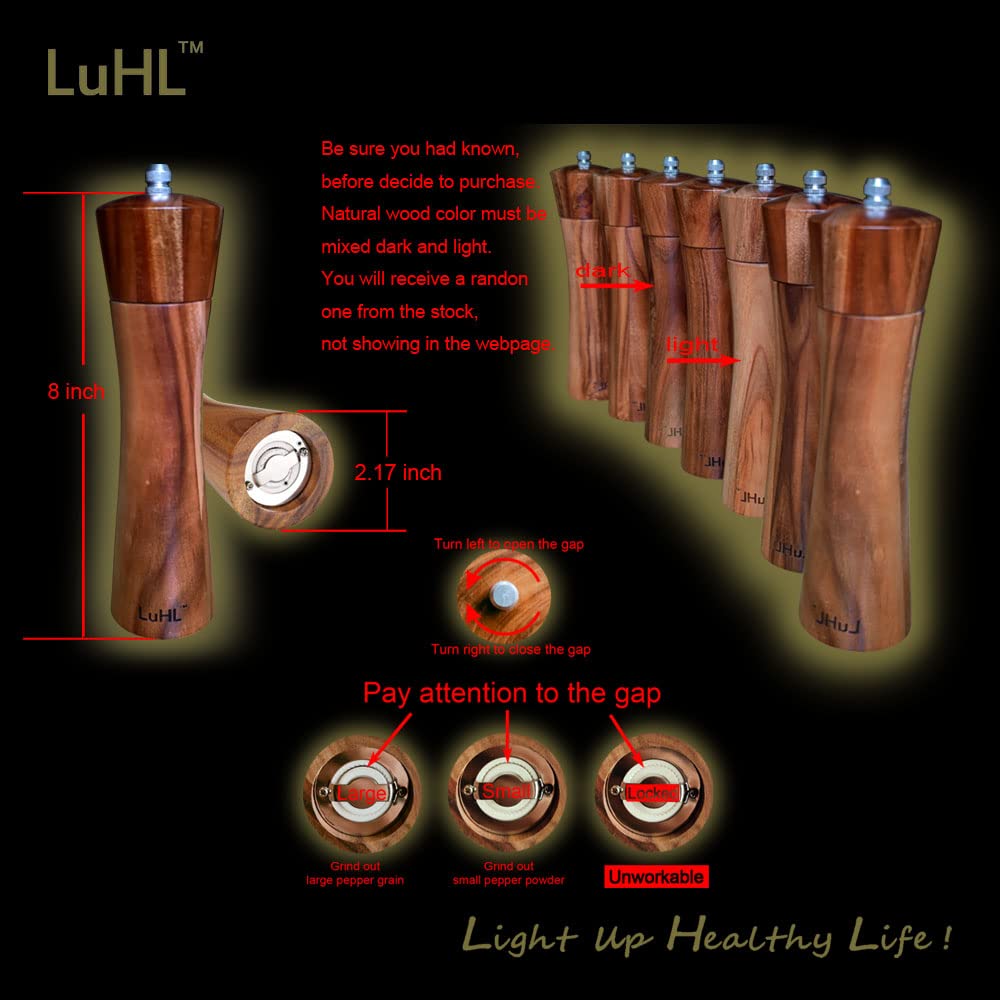 LuHL™ 8 inch Small pretty waist Acacia wooden pepper or salt mill, manual spice grinder